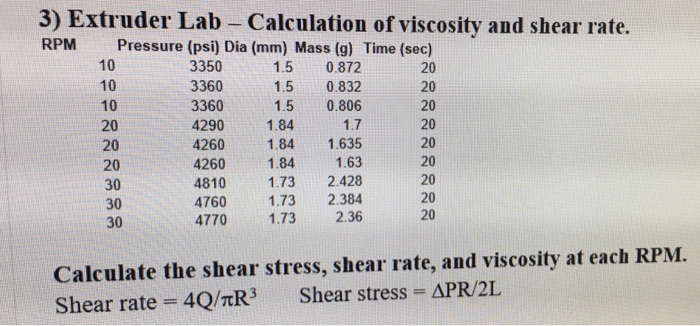 3) Extruder Lab - Calculation of viscosity and shear | Chegg.com