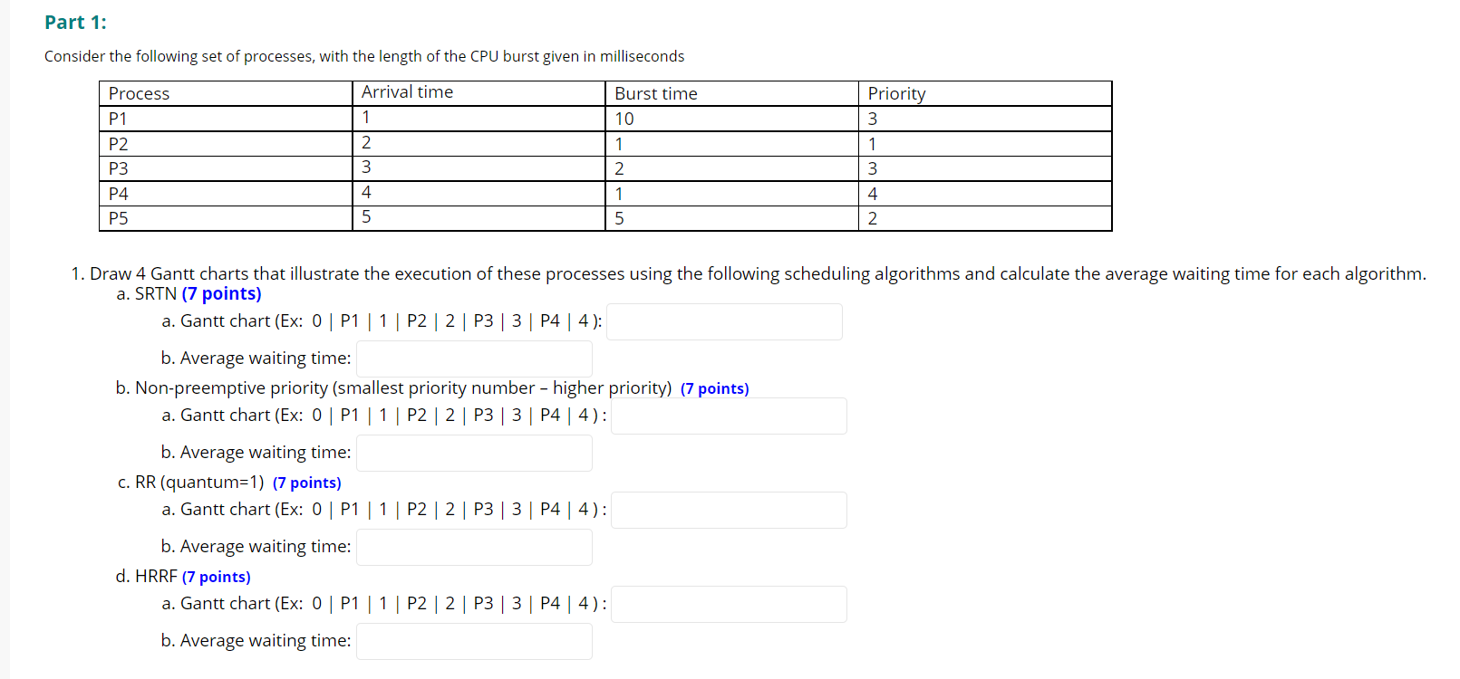 Solved Part 1: Consider the following set of processes, with | Chegg.com