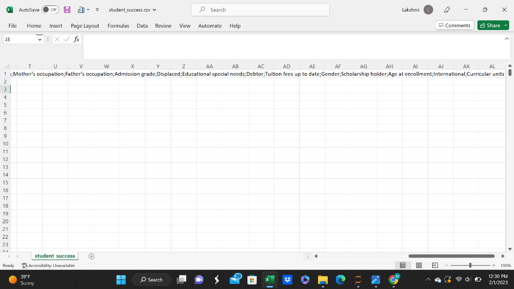 Solved Autosave Off [D [ ∼ studentsuccess.csv ∗ Search | Chegg.com