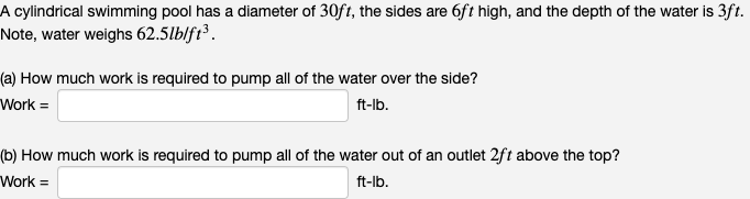 Solved A cylindrical swimming pool has a diameter of 30ft, | Chegg.com