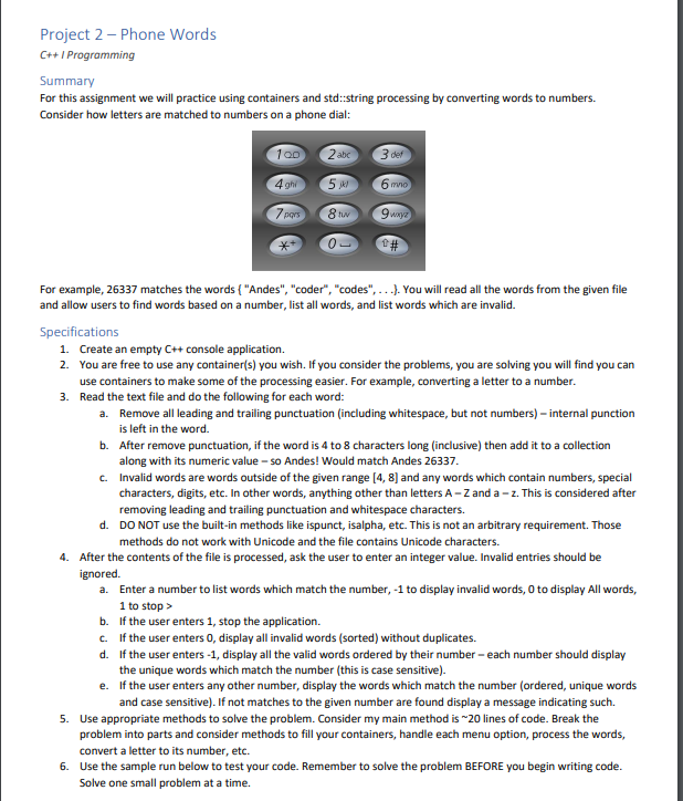 Solved Project 2 - Phone Words C++ 1 Programming Summary For | Chegg.com