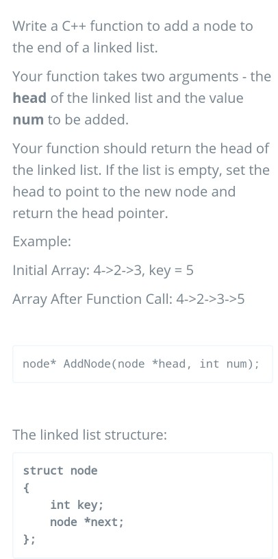 Solved Write a C++ function to add a node to the end of a | Chegg.com