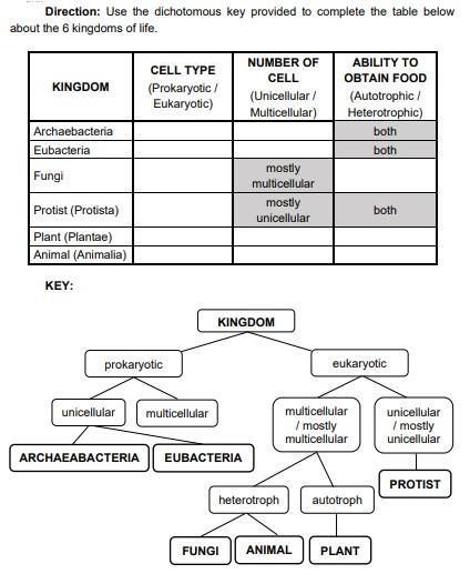 Solved Direction: Use the dichotomous key provided to | Chegg.com