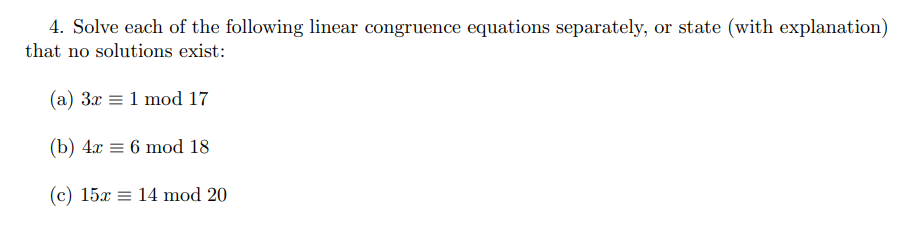 Solved 4. Solve each of the following linear congruence | Chegg.com