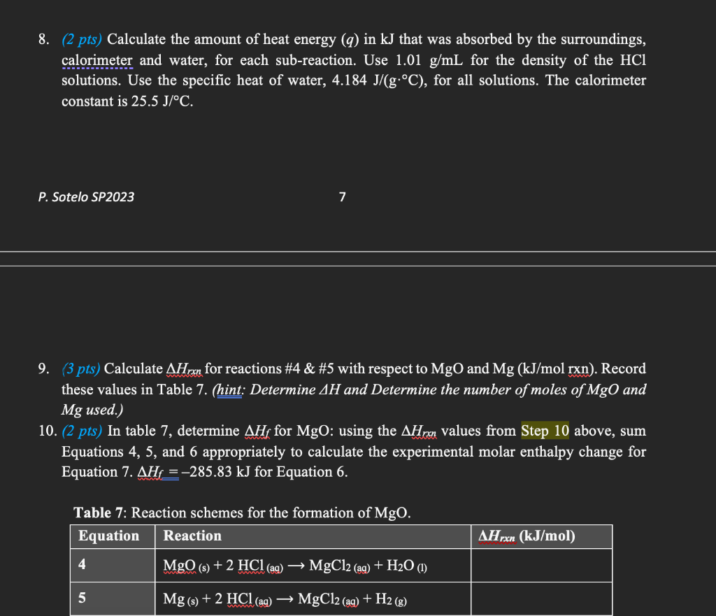 8. (2 pts) Calculate the amount of heat energy (q) in | Chegg.com