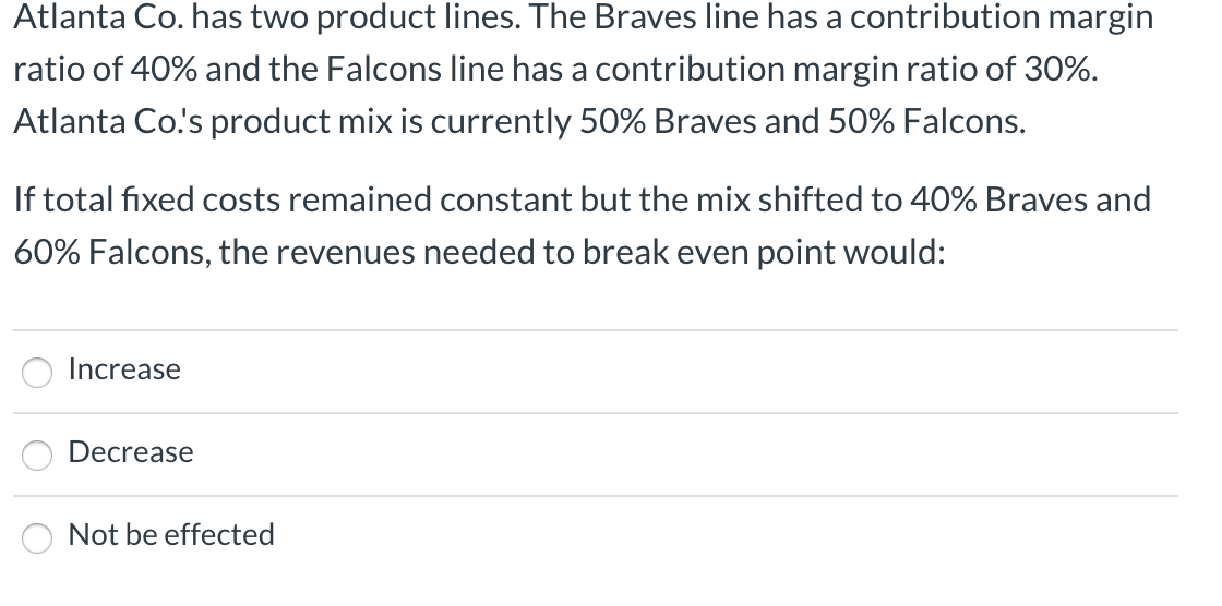 Solved Atlanta Co. has two product lines. The Braves line | Chegg.com