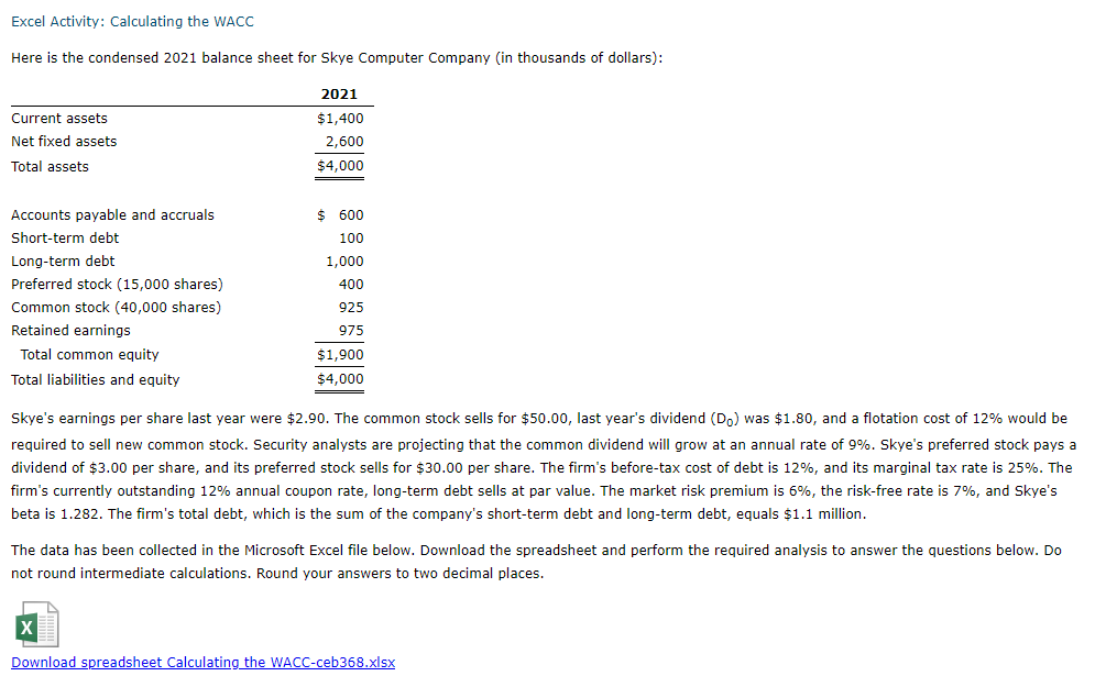 Solved Excel Activity: Calculating the WACC Here is the | Chegg.com