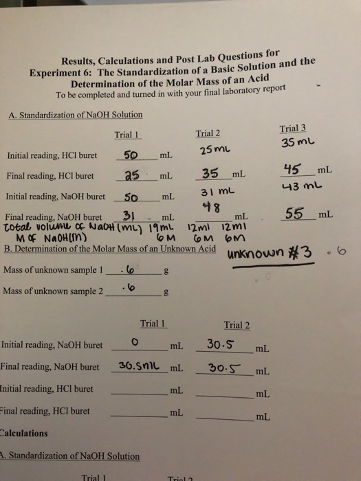 Experiment 6: The Standardization of a Basic Solution | Chegg.com