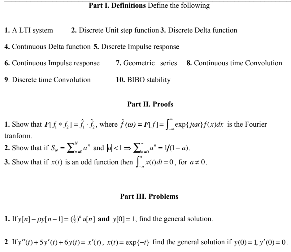 Solved Part I. Definitions Define the following 1. A LTI | Chegg.com Solved Part I. Definitions Define the following 1. A LTI | Chegg.com