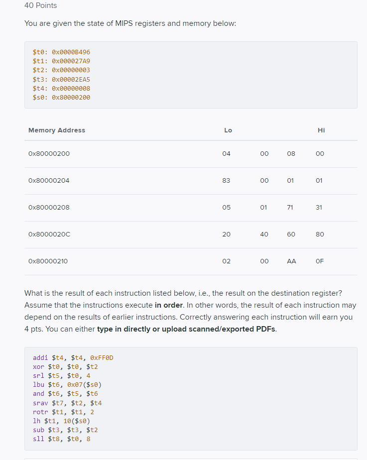 40 Points You are given the state of MIPS registers | Chegg.com
