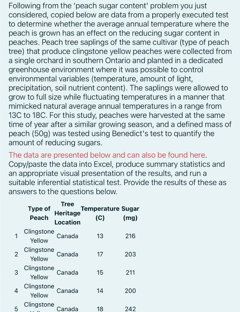 Following from the 'peach sugar content' problem you | Chegg.com