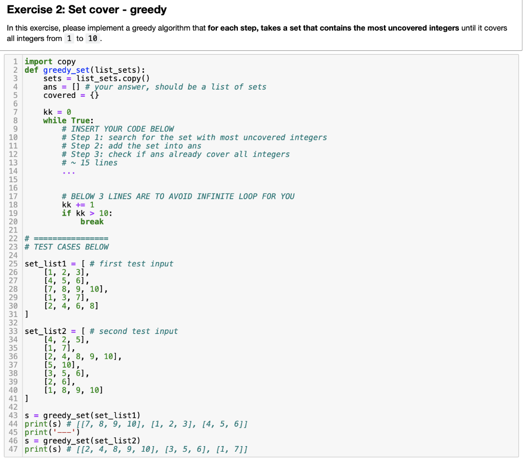Solved Exercise 2: Set cover - greedy In this exercise, | Chegg.com