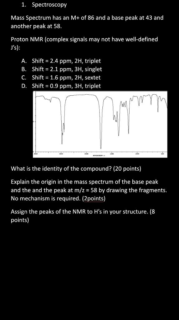 Solved 1. Spectroscopy Mass Spectrum has an M+ of 86 and a | Chegg.com