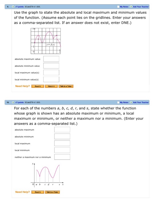 Solved 1 points SCalcET8 4.1.005. Use the graph to state the | Chegg.com