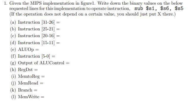 Solved 1. Given the MIPS implementation in figurel. Write | Chegg.com