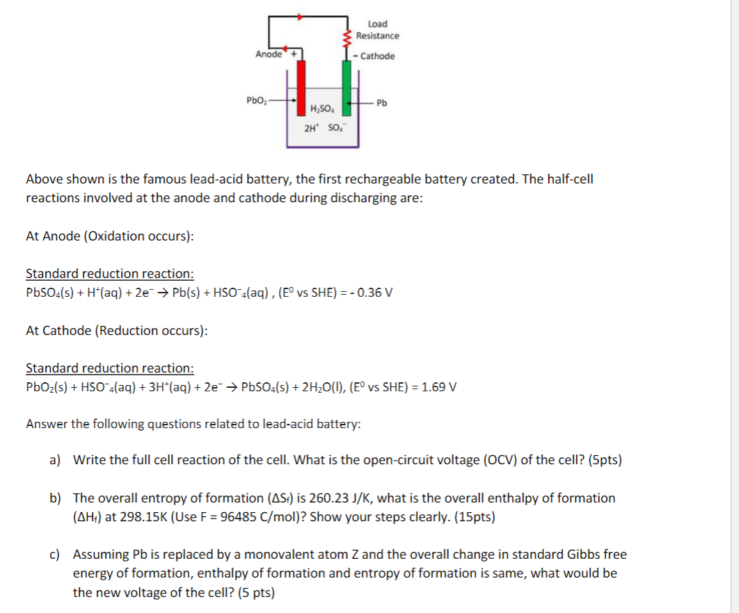 Solved Load Resistance Anode - Cathode PbO2 Pb H2SO4 2H* SO, | Chegg.com