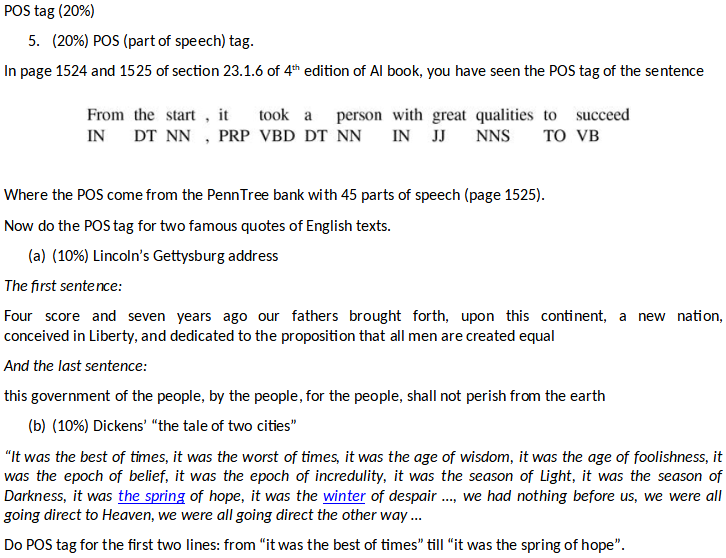 Solved POS tag (20%) 5. (20%) POS (part of speech) tag. In | Chegg.com