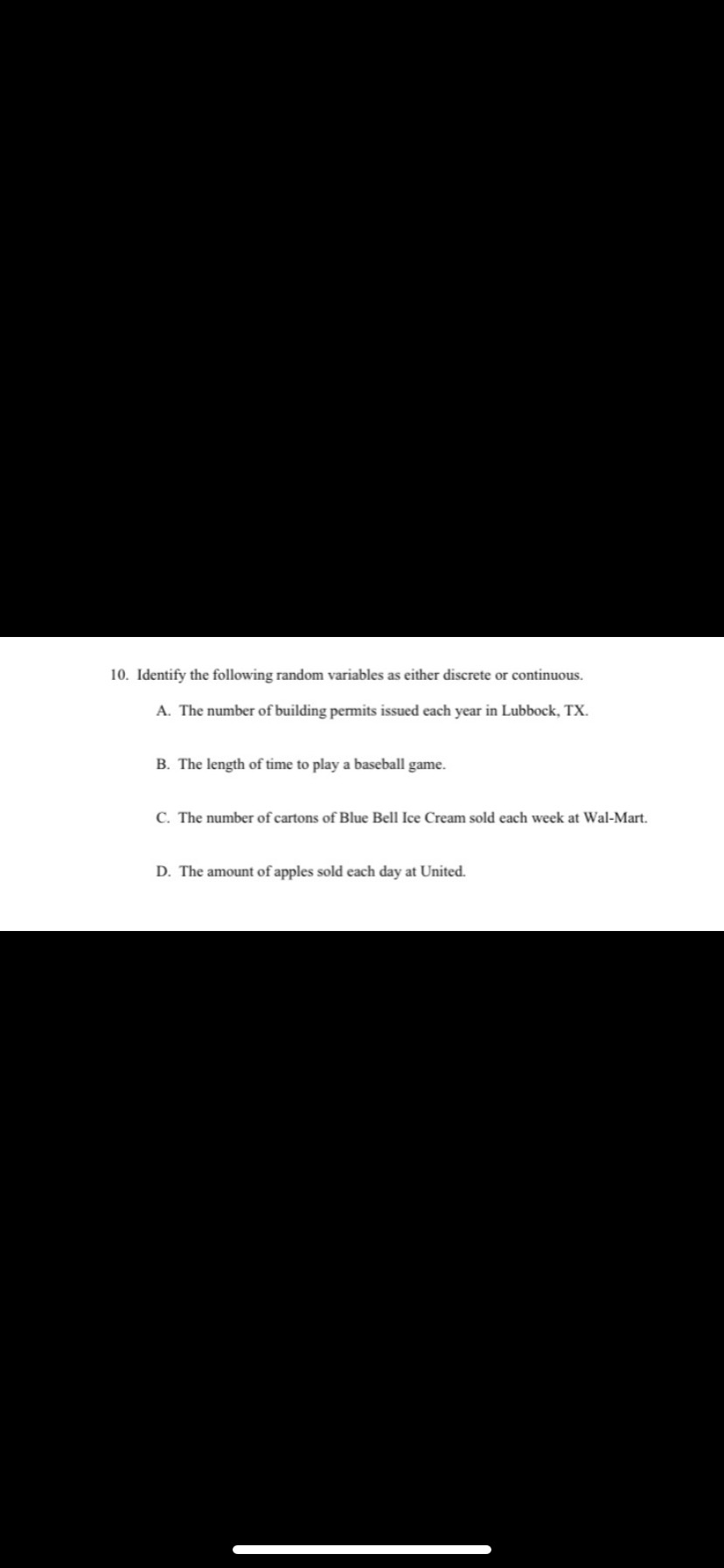 Solved 10. Identify the following random variables as either | Chegg.com