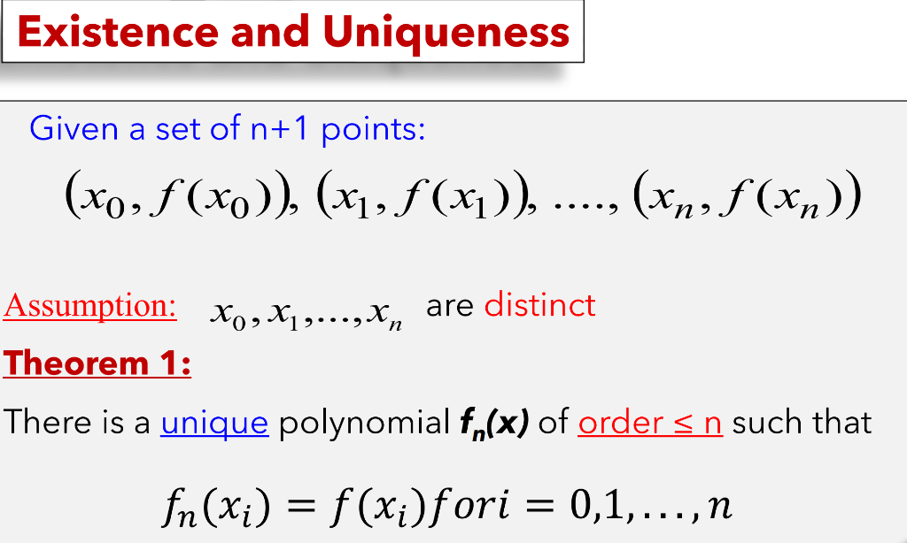 Solved Existence and Uniqueness Given a set of n+1 points: | Chegg.com