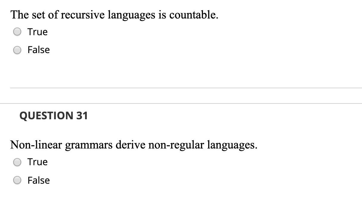 Solved The set of recursive languages is countable. O True O | Chegg.com
