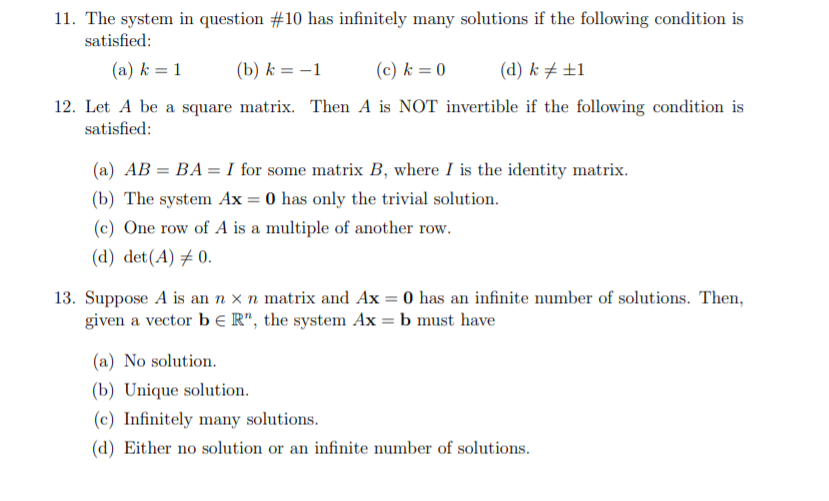 Solved 11. The system in question #10 has infinitely many | Chegg.com