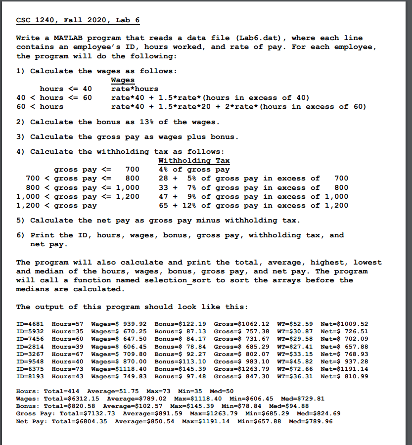 CSC 1240, Fall 2020, Lab 6 Write a MATLAB program | Chegg.com