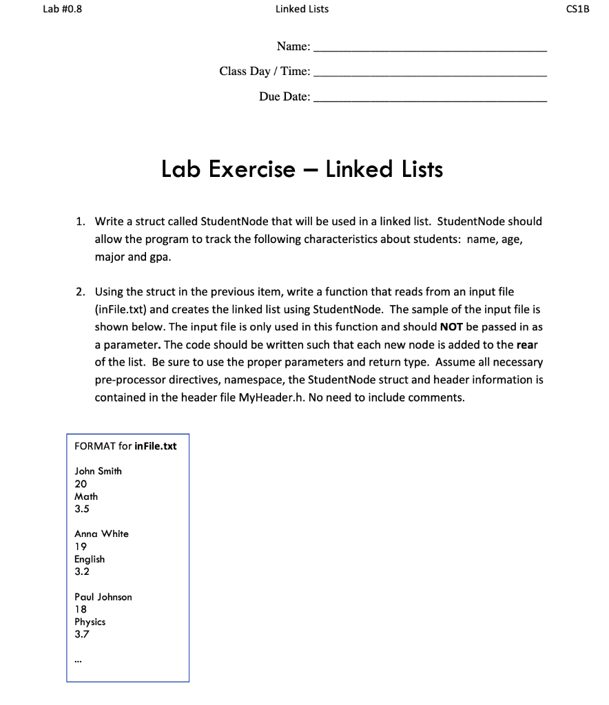 Solved Lab #0.8 Linked Lists CS1B Name: Class Day / Time: | Chegg.com
