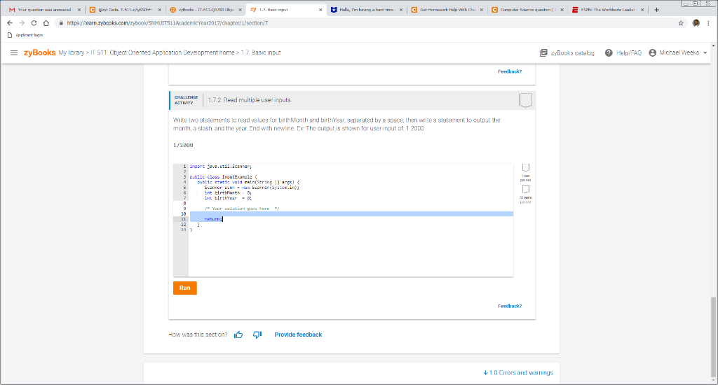 zyBooks My library 1T 511. Cbject Oriented | Chegg.com