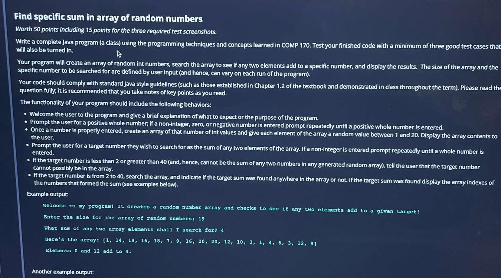 Solved Find specific sum in array of random numbers Worth 50 | Chegg.com