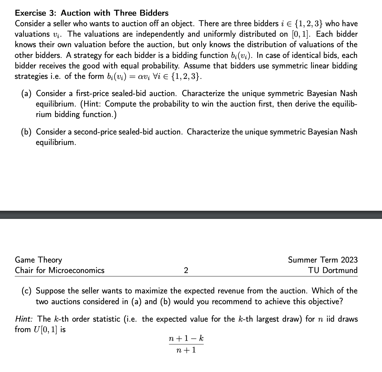 Solved Exercise 3: Auction with Three Bidders Consider a | Chegg.com