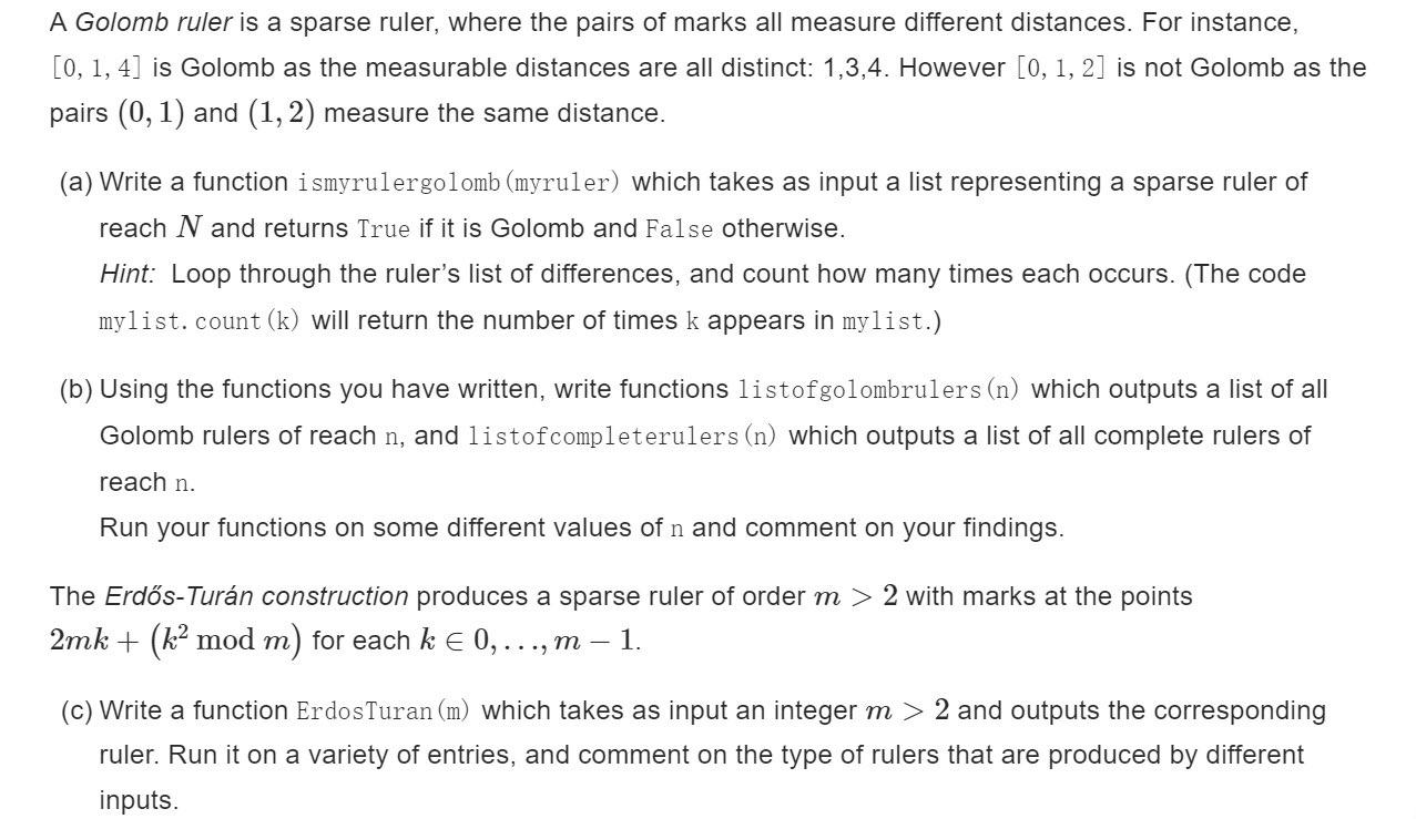 Solved A Golomb ruler is a sparse ruler, where the pairs of | Chegg.com