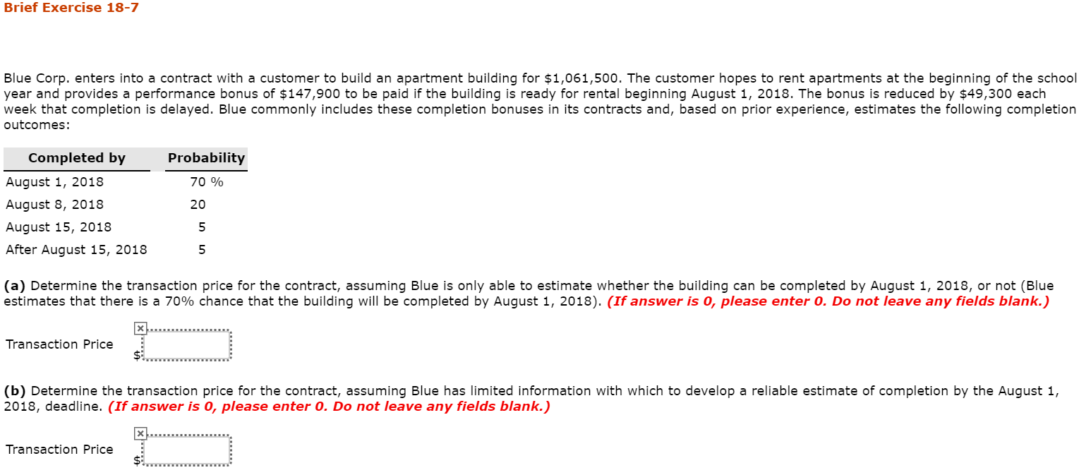 Solved Brief Exercise 18-7 Blue Corp. enters into a contract | Chegg.com
