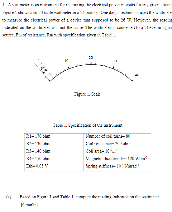1. A wattmeter is an instrument for measuring the | Chegg.com