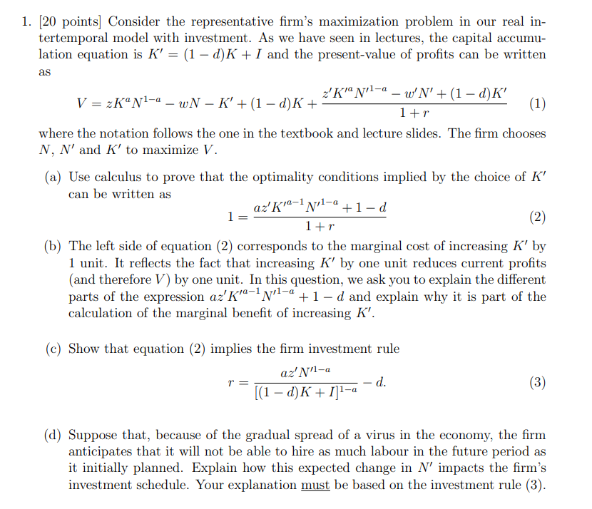 Solved 1. (20 points] Consider the representative firm's | Chegg.com