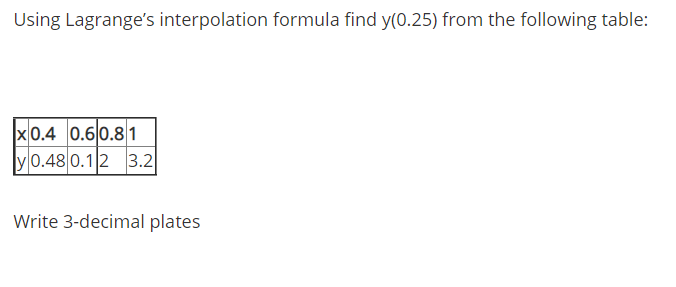 Solved Using Lagrange's interpolation formula find y(0.25) | Chegg.com
