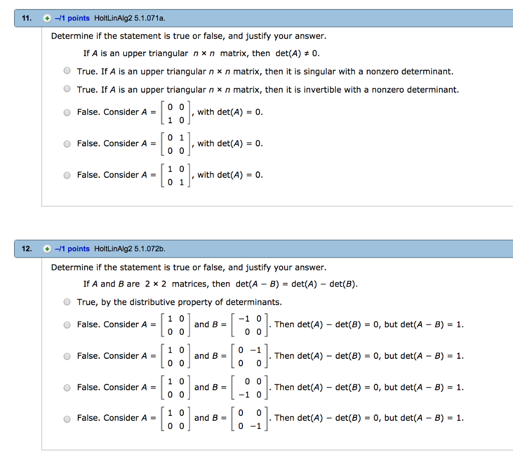 Solved 11. -/1 points HoltLinAlg2 5.1.071a Determine if the | Chegg.com