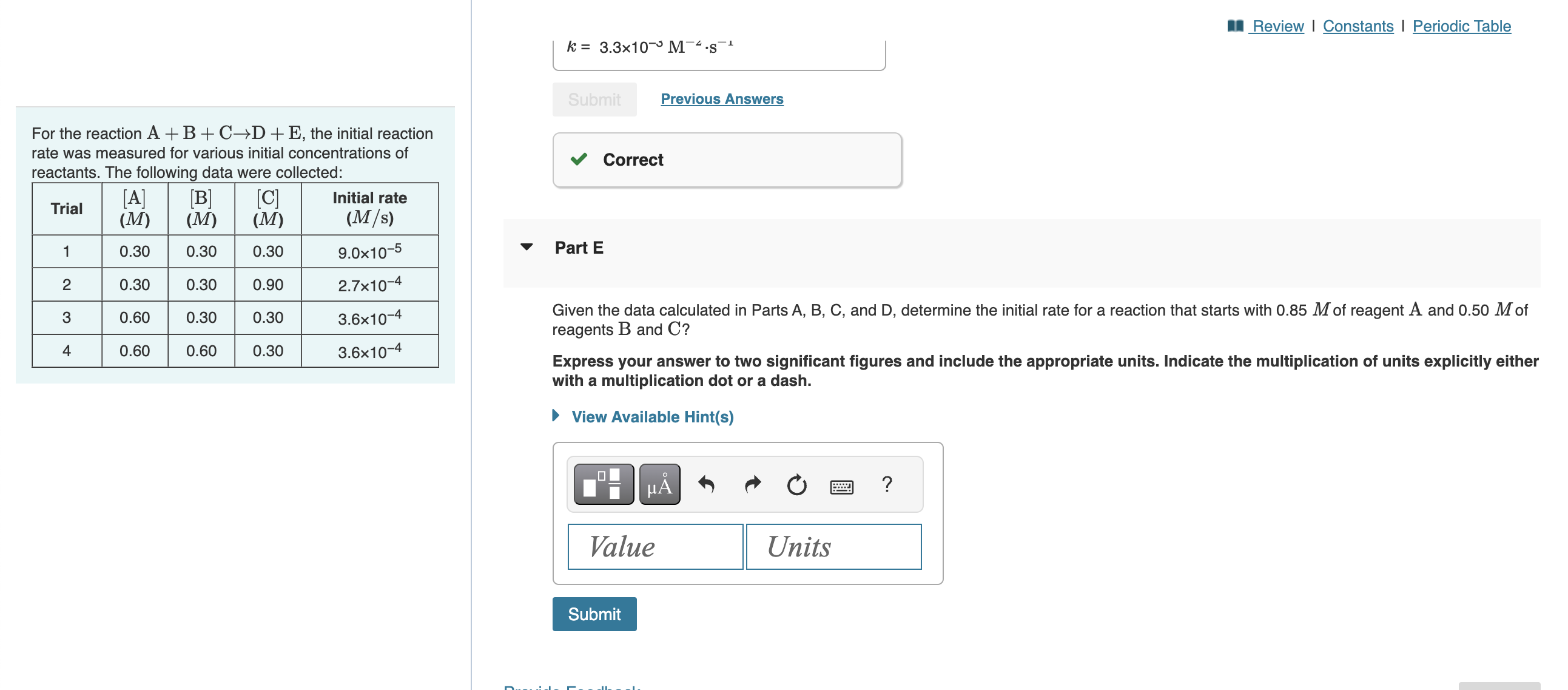 Solved part e please, thank youFor the reaction A+B+C→D+E, | Chegg.com