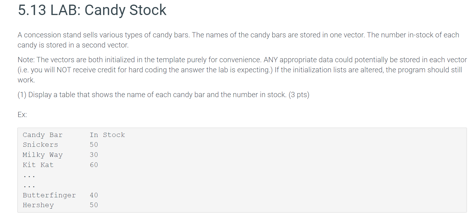 Solved C++ 5.13 LAB: Candy Stock A concession stand sells | Chegg.com