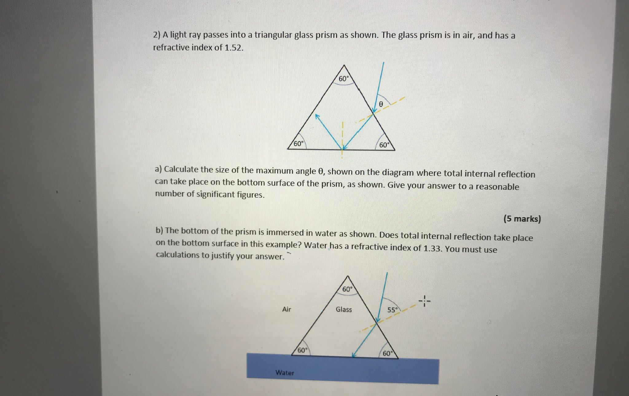 Solved 2) A light ray passes into a triangular glass prism | Chegg.com