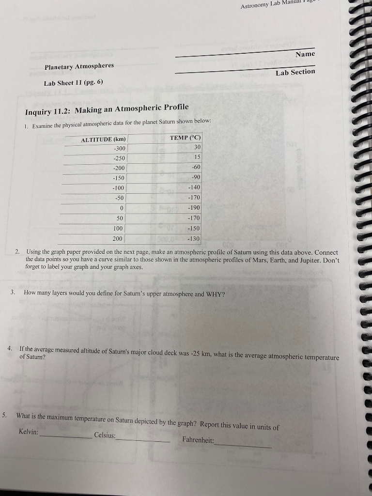 Solved Astronomy Lab Manual Name Planetary Atmospheres Lab | Chegg.com