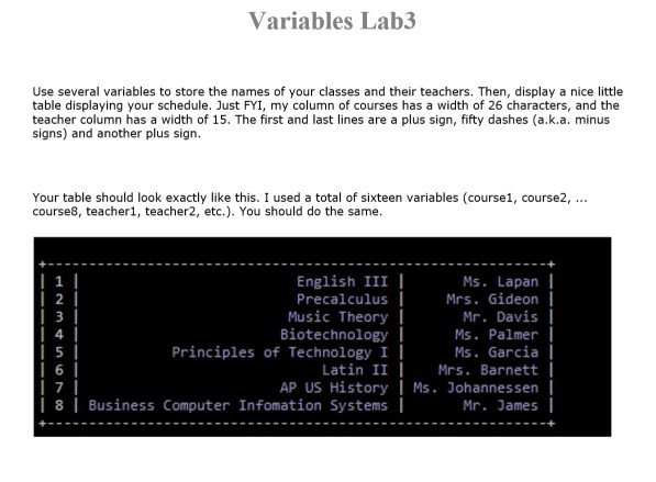 Solved Variables Lab Use several variables to store the | Chegg.com