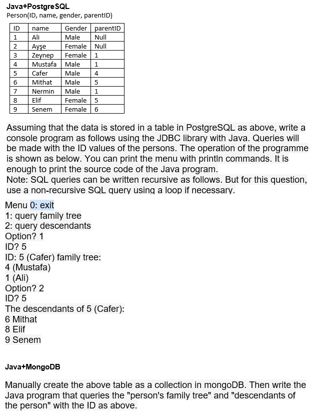 Java+PostgreSQL Person(ID, name, gender, parentID) ID | Chegg.com