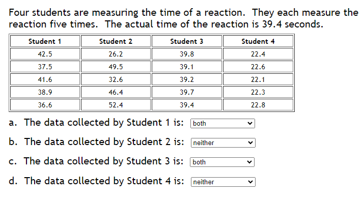 Solved Four students are measuring the time of a reaction. | Chegg.com