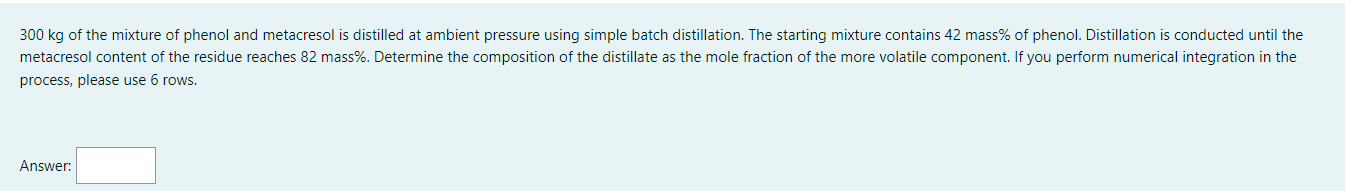300 kg of the mixture of phenol and metacresol is | Chegg.com