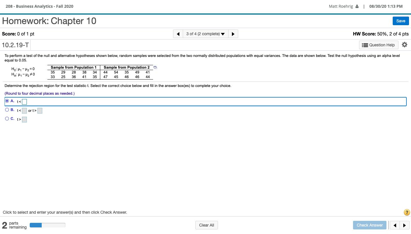 Solved 208 - Business Analytics - Fall 2020 Matt Roehrig : | | Chegg.com