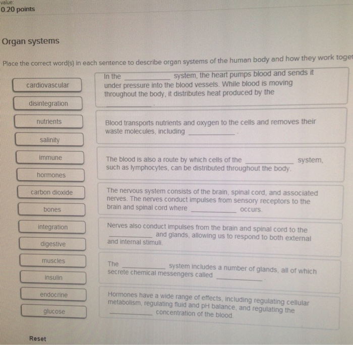 Solved value 0.20 points Organ systems ody and how they work | Chegg.com