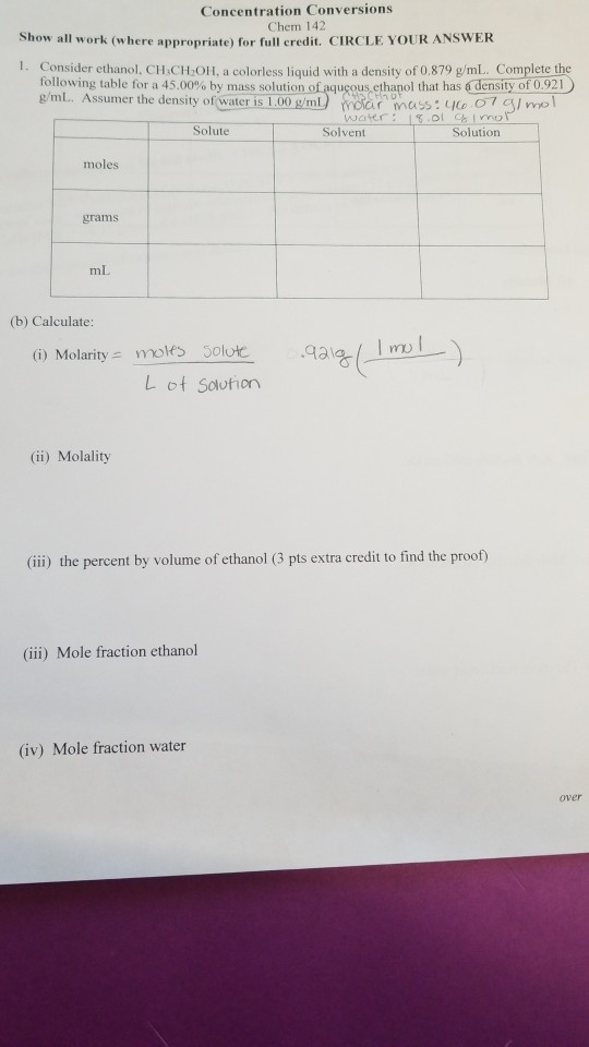 Solved Concentration Conversions Chem 142 Show all work | Chegg.com