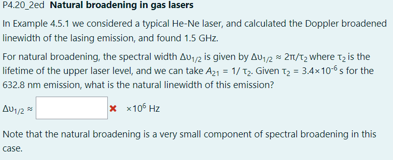 P4.20_2ed Natural broadening in gas lasers In Example | Chegg.com
