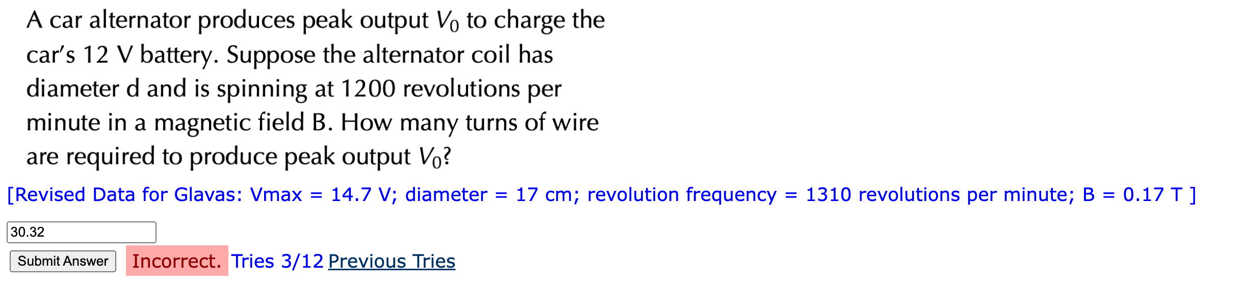 Solved A car alternator produces peak output Vo to charge | Chegg.com