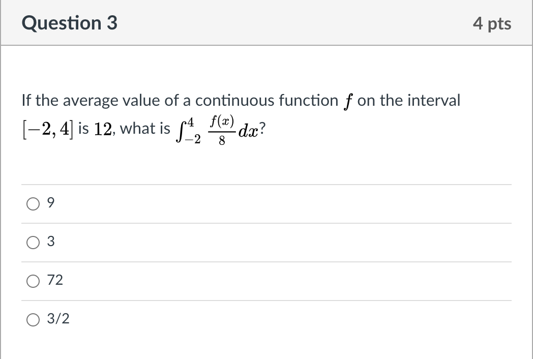 Solved Question 3 4 pts If the average value of a continuous | Chegg.com